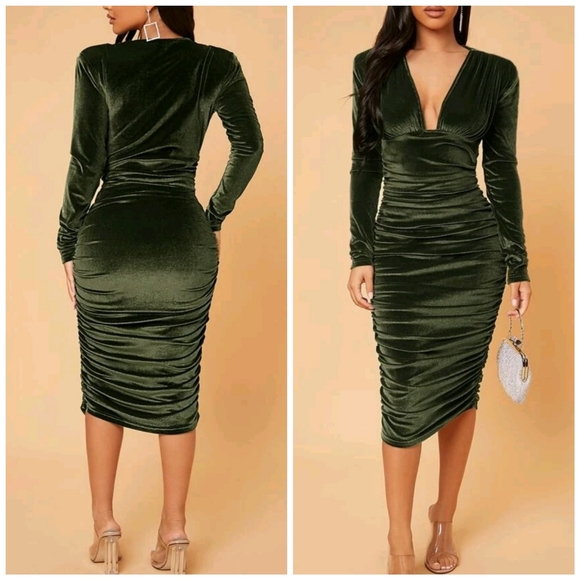 Dresses | New Luxe Deep Plunge Velvet Midi Ruched Dress Muted Army ...